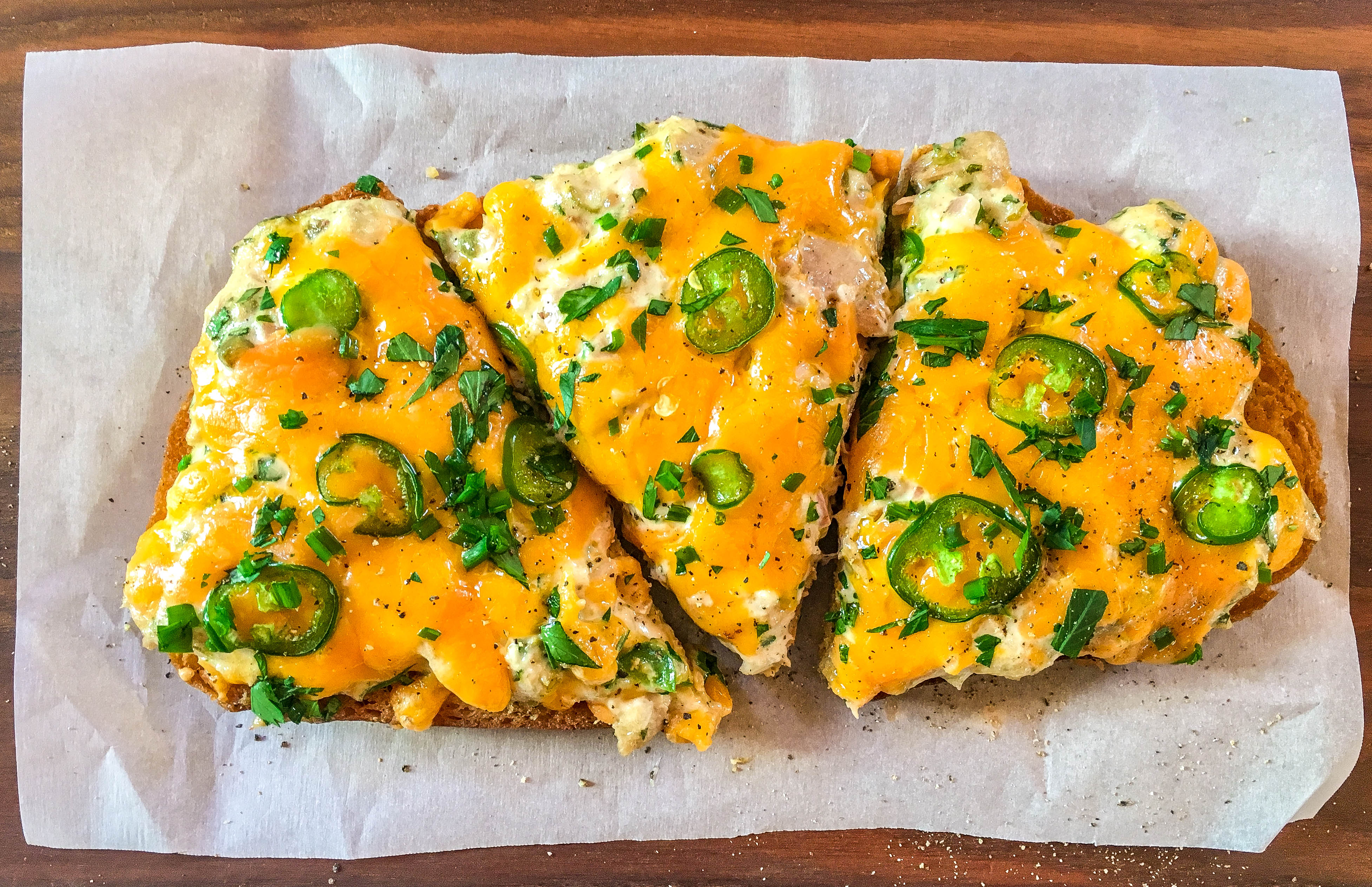 Open-Faced Tuna Melt with Cheddar and Jalapeños - Never Not Hungry