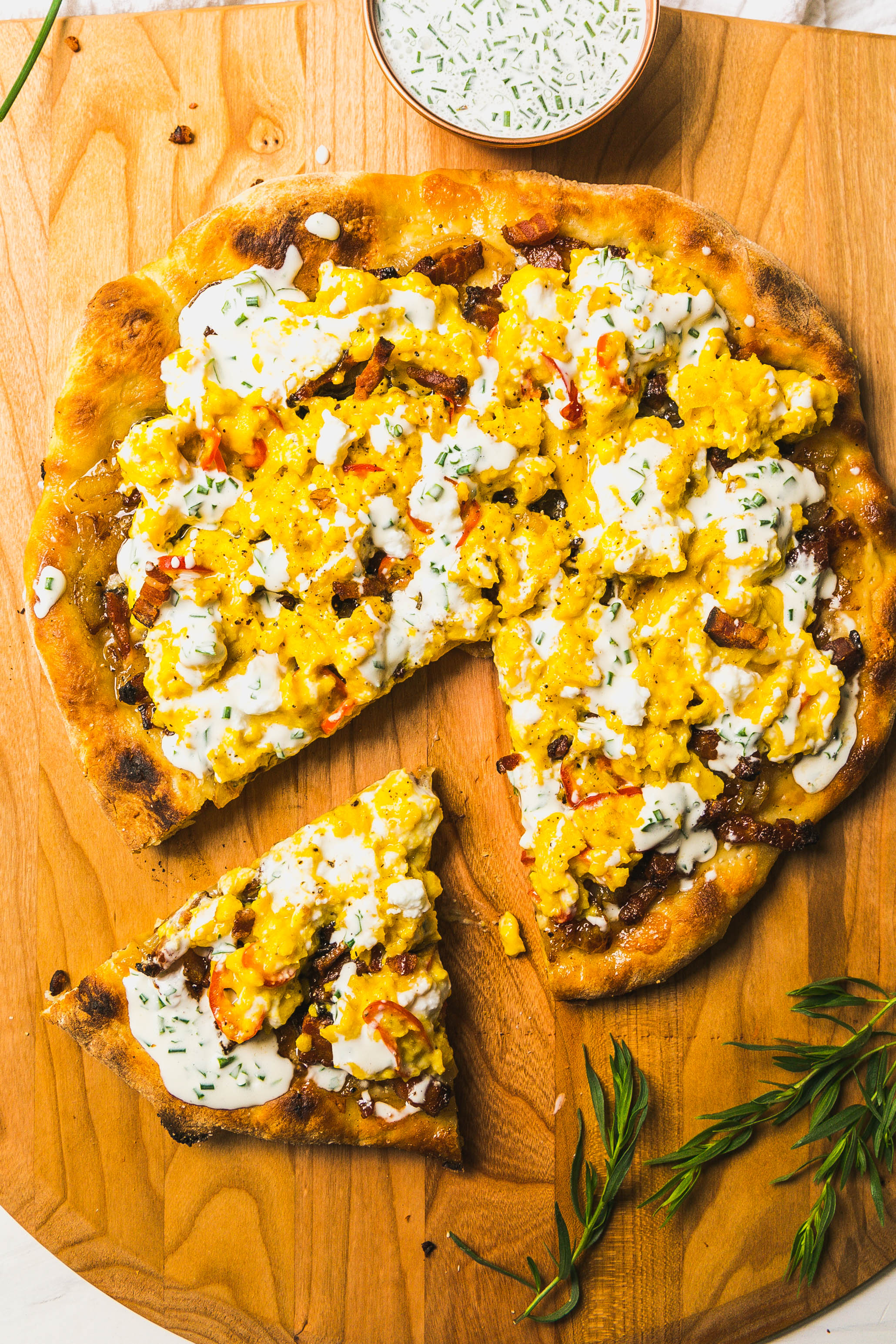 Tarte Flambée Pizza with Soft Scrambled Eggs, Goat Cheese and Herbed ...